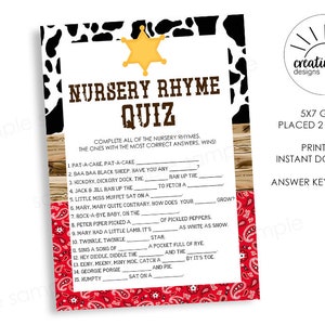 Cowboy Baby Shower Nursery Rhyme Game Quiz Digital Printable Instant ...