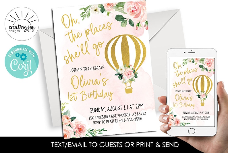 Editable Hot Air Balloon Invitation Birthday Oh the Places - Etsy
