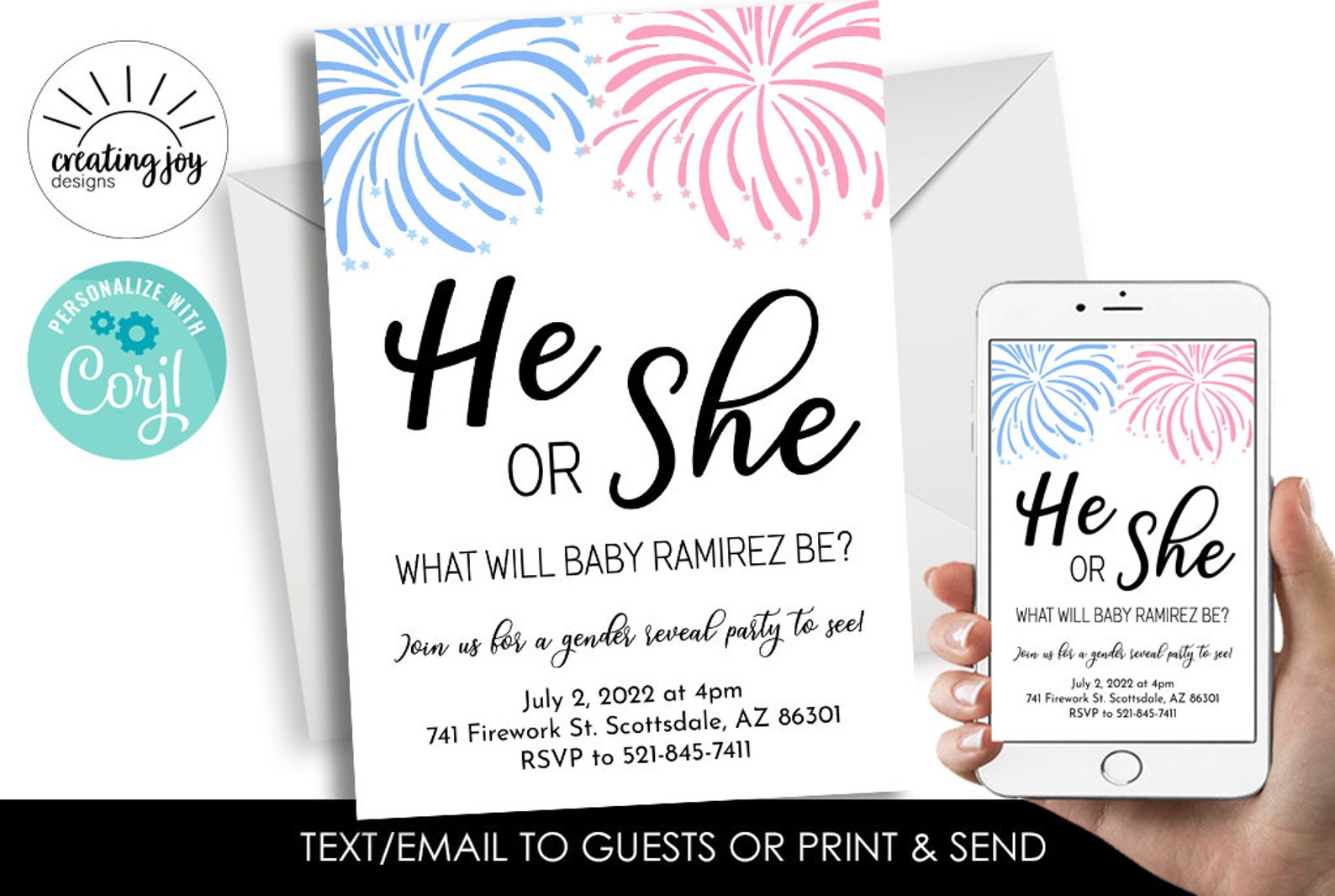 Editable Firework Gender Reveal Invitation Invite Firecracker - Etsy