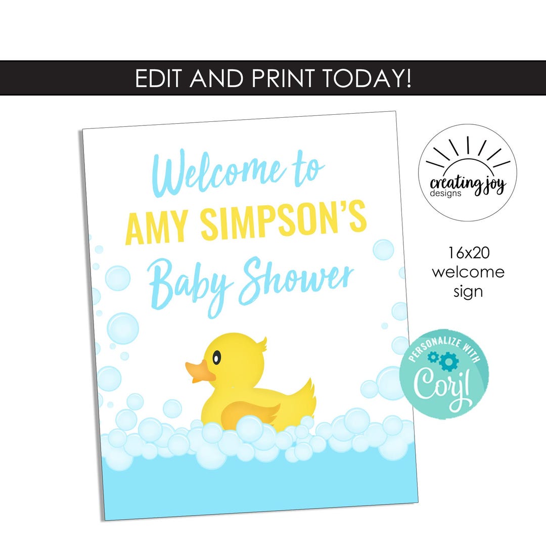 Editable Rubber Duck Welcome Sign Digital 16x20 Party Sprinkle Ducky ...