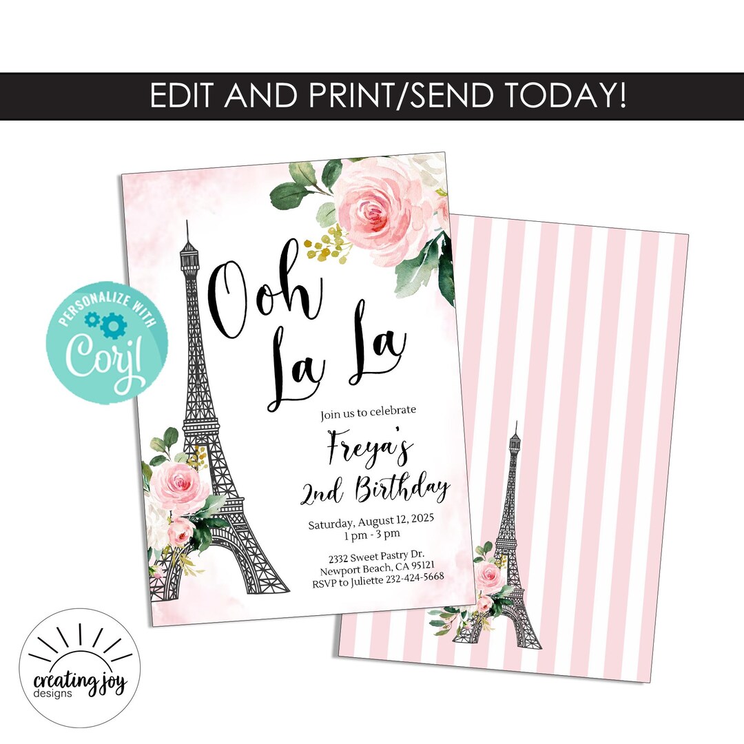 Editable Paris Birthday Invitation Invite Template Ooh La La 5x7 French ...
