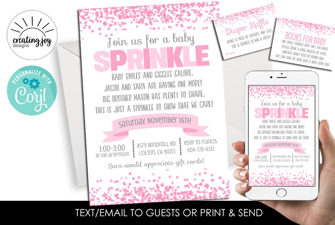 Editable Baby Girl Sprinkle Invite Invitation Shower 5x7 Digital Pink ...