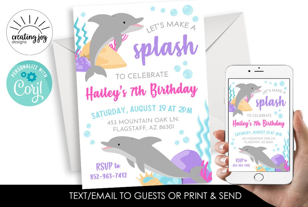 Editable Dolphin Invite Invitation Girls Birthday Kids Dolphins Digital ...