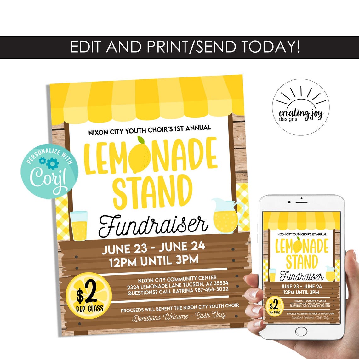 Editable Lemonade Stand Fundraiser Template Flyer Invitation 8.5x11 ...