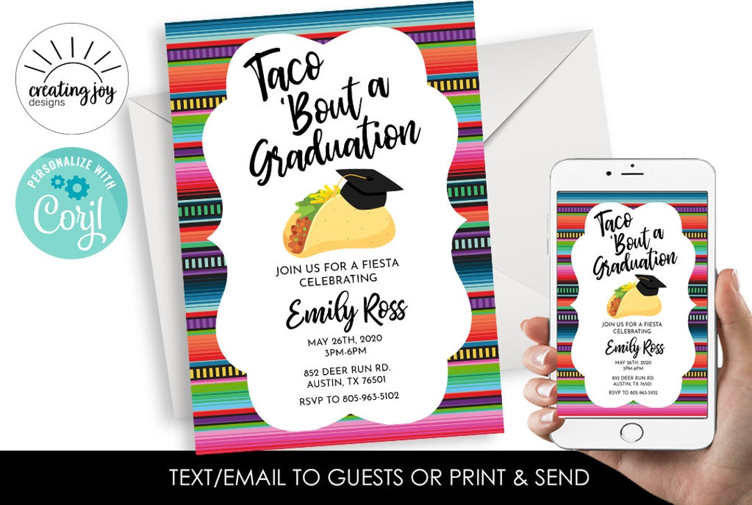 Editable Taco Bout a Graduation Invite Invitation Fiesta Digital 5x7 ...