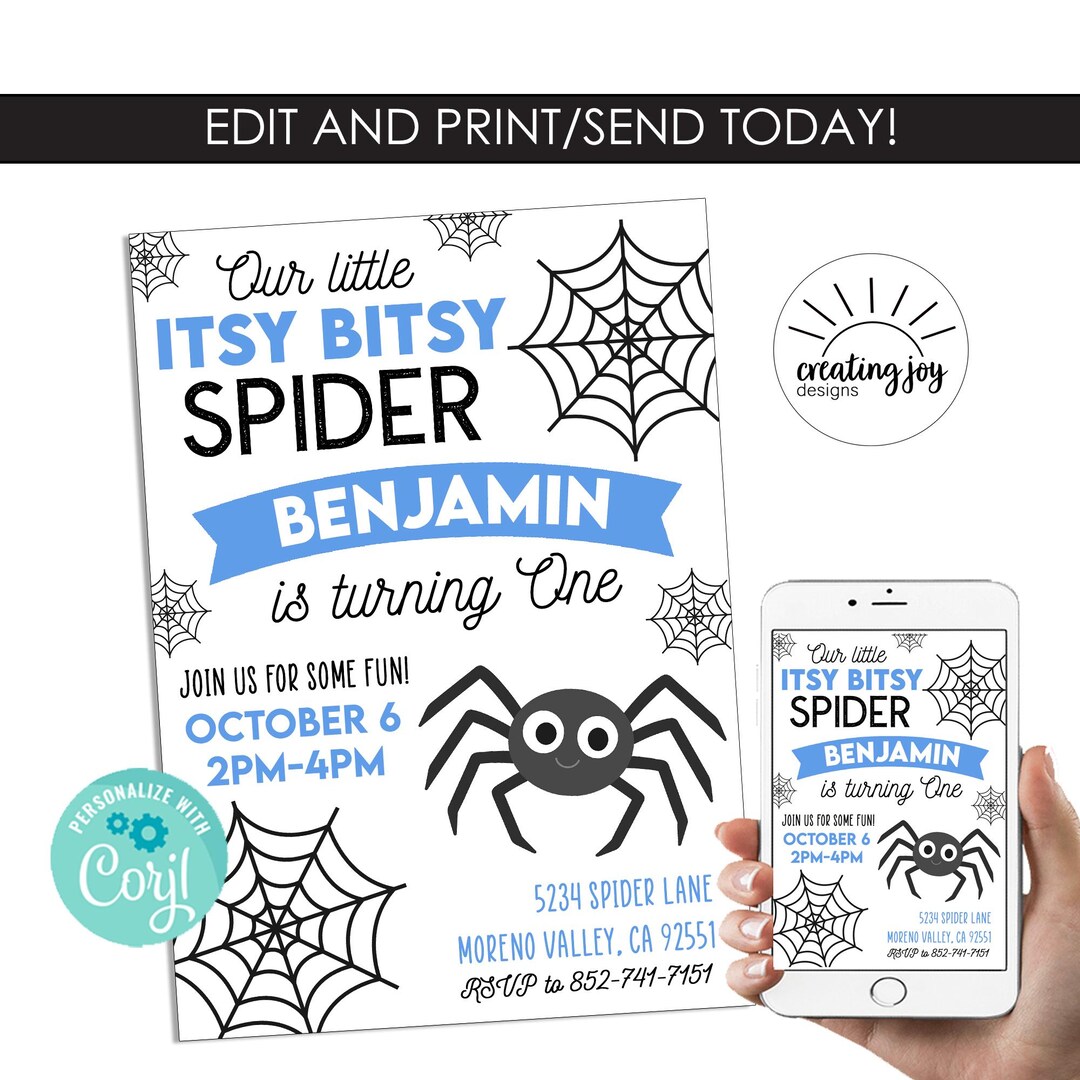 Editable Itsy Bitsy Spider Blue Invite Invitation Birthday Digital 5x7 ...