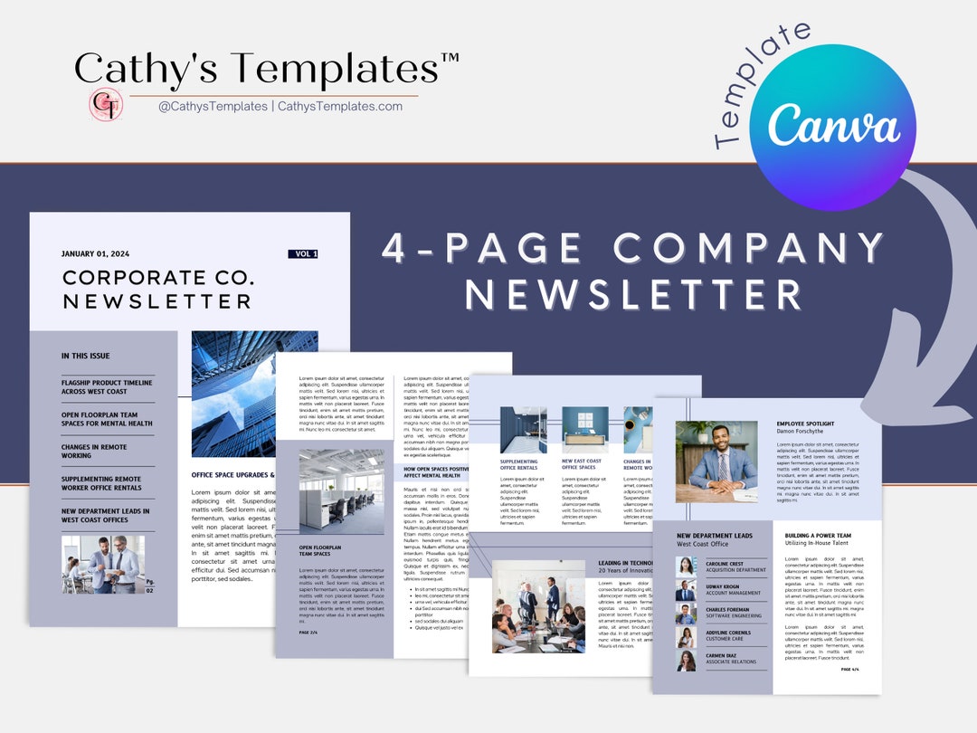 4 Page Newsletter Template Blue Company Newsletter 8.5 X 11 Newsletter ...