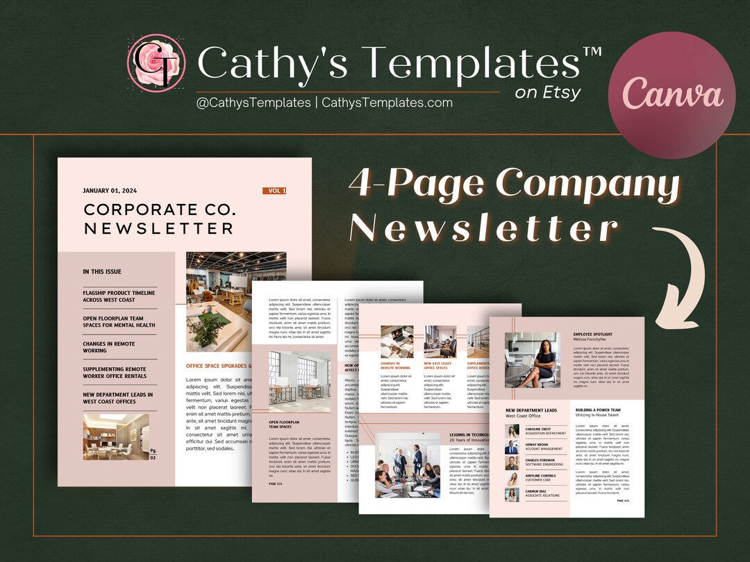 4 Page Newsletter Template | Company Newsletter | 8.5 X 11 Newsletter ...