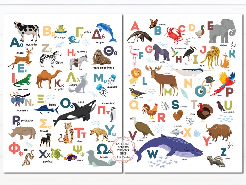 Greek & English Alphabet Animals ABC Posters Greek for Kids - Etsy
