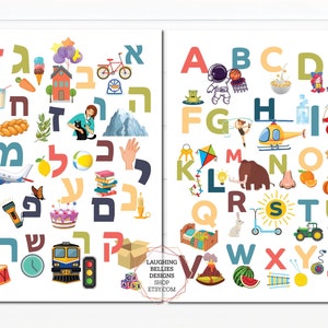 Hebrew and English Alphabet Poster With Pictures | Kids ABC Learn Aleph ...