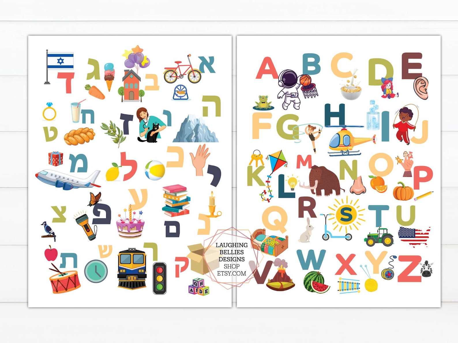Hebrew and English Alphabet Poster With Pictures Kids ABC - Etsy
