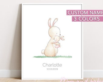 Custom Baby Name Print Baby Girl Nursery Wall Art Bunny | Etsy