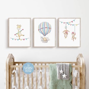 Set of 3 Animal Nursery Wall Art, Kids Room Decor, Hot Air Balloon ...
