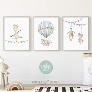 Set of 3 Animal Nursery Wall Art, Kids Room Decor, Hot Air Balloon ...