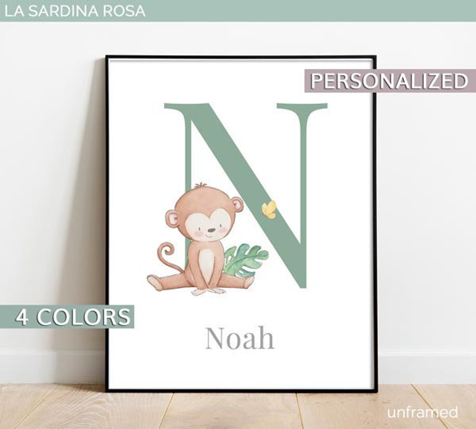 Monkey wall art Initial nursery print Personalized | Etsy