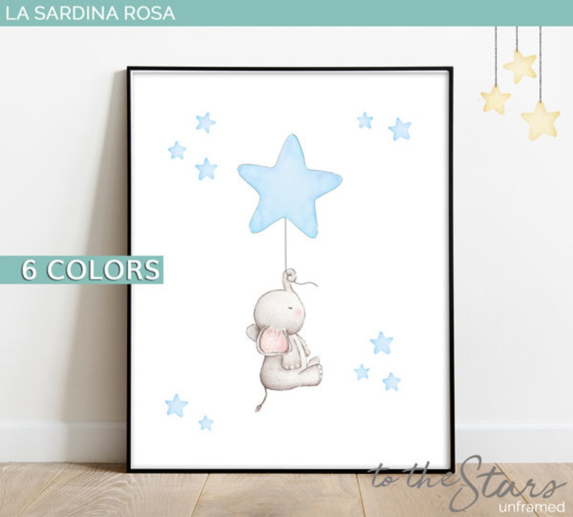 Star nursery art print Baby elephant wall art Star nursery | Etsy