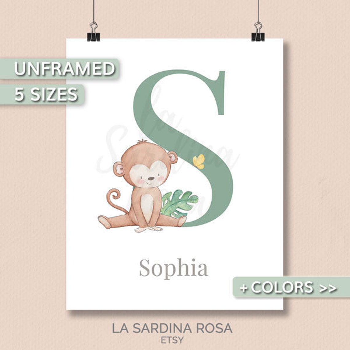 Monkey wall art Initial nursery print Personalized | Etsy