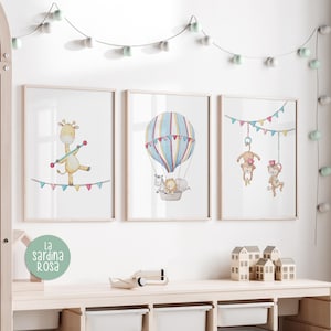 Set of 3 Animal Nursery Wall Art, Kids Room Decor, Hot Air Balloon ...