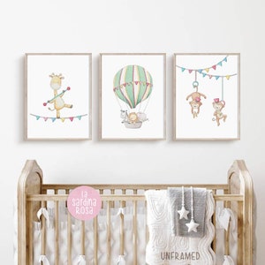 Set of 3 Animal Nursery Wall Art, Kids Room Decor, Hot Air Balloon ...