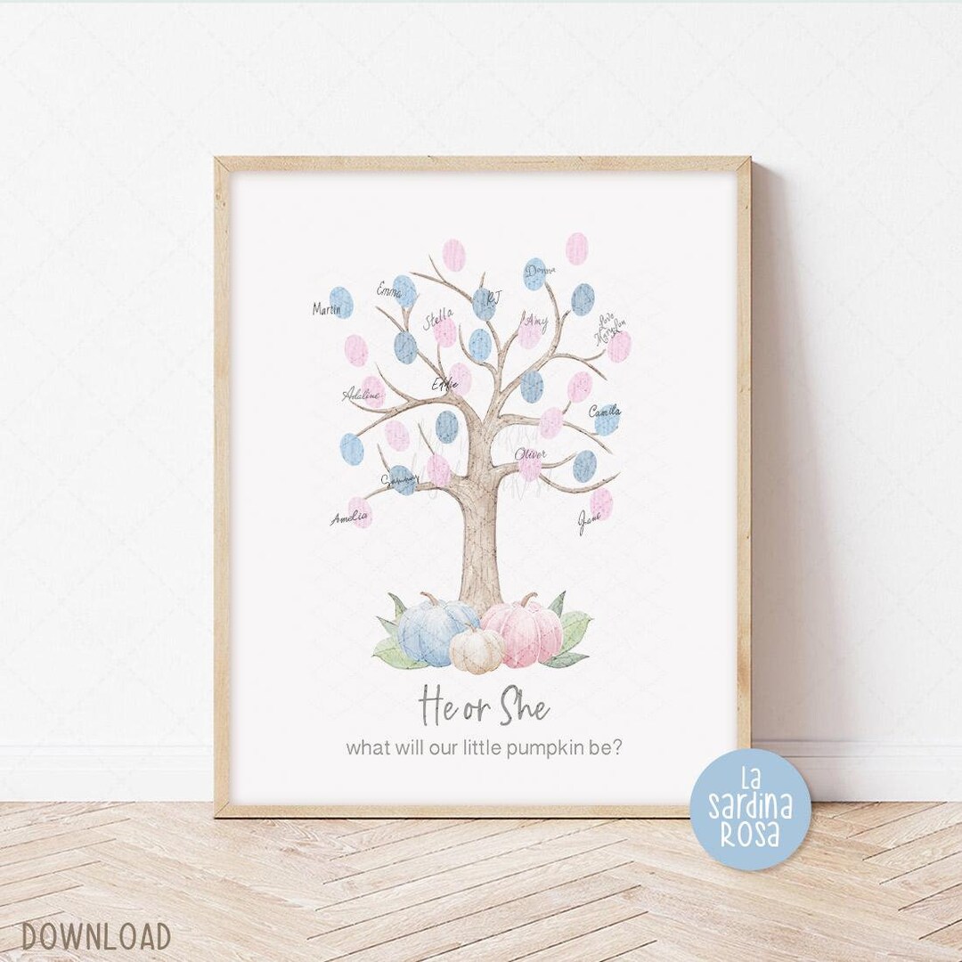 Pumpkin Fingerprint Tree Gender Reveal Game He or She, Printable ...