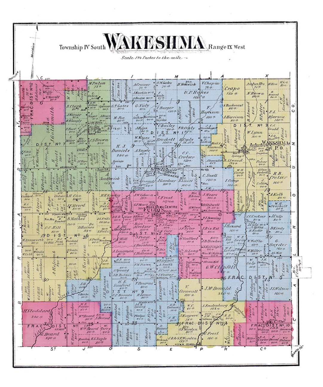 1873 Map of Wakeshma Township Kalamazoo County Michigan - Etsy