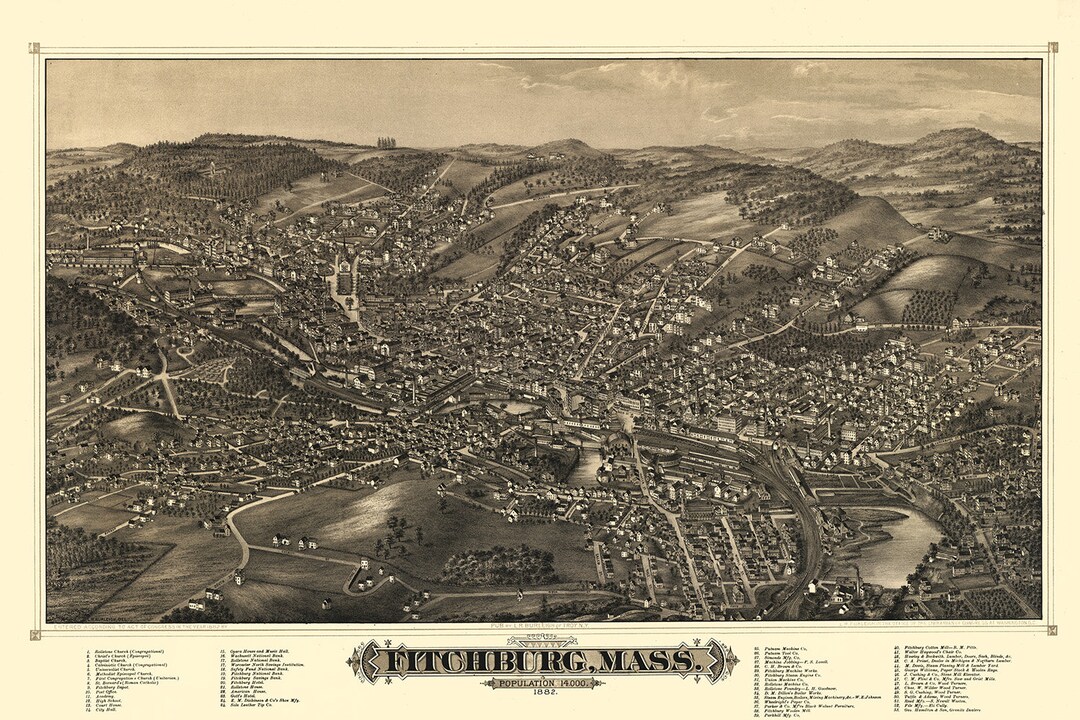 1882 Panoramic Map of Fitchburg Massachusetts - Etsy