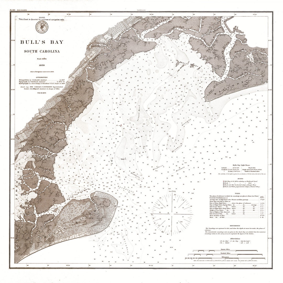 1859 Nautical Chart of Bulls Bay South Carolina Bills Island - Etsy