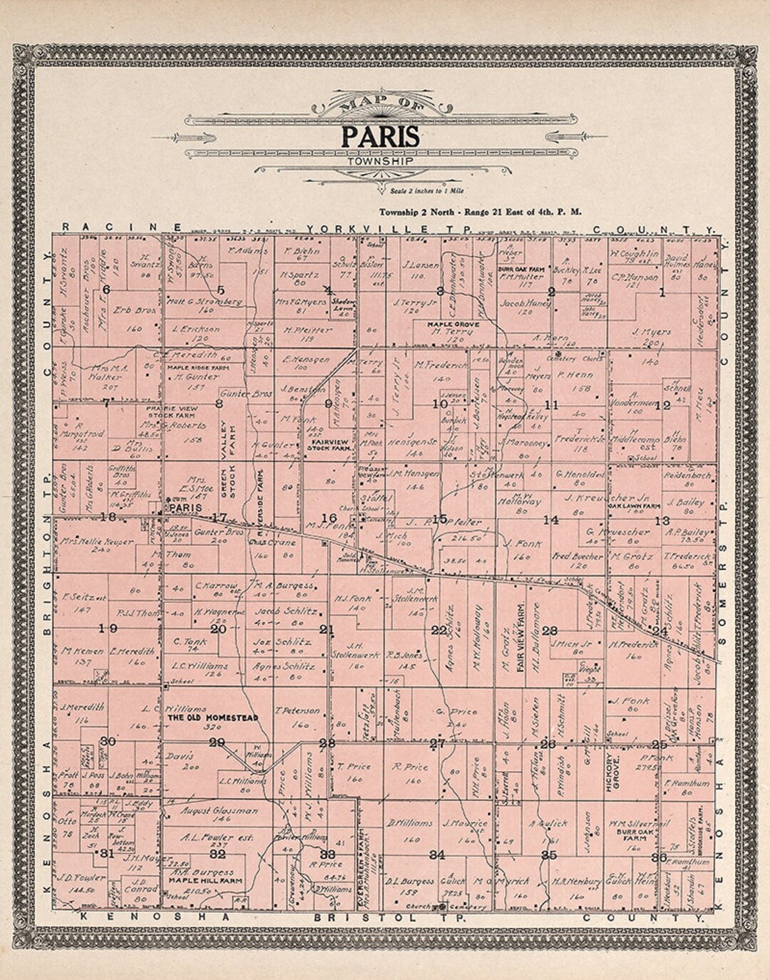 1908 Map of Paris Township Kenosha County Wisconsin - Etsy