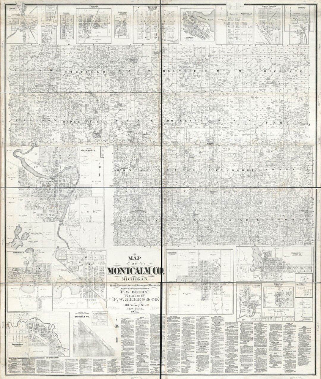 1875 Farm Line Map of Montcalm County Michigan Greenville Research Map ...