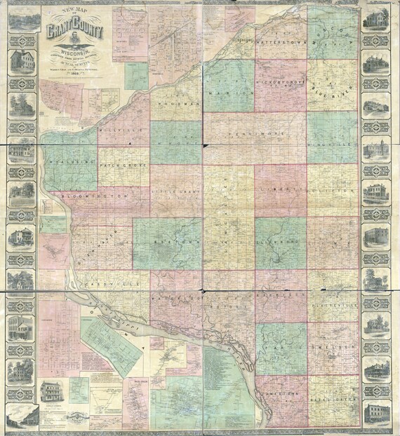 1868 Map of Grant County Wisconsin Platteville | Etsy