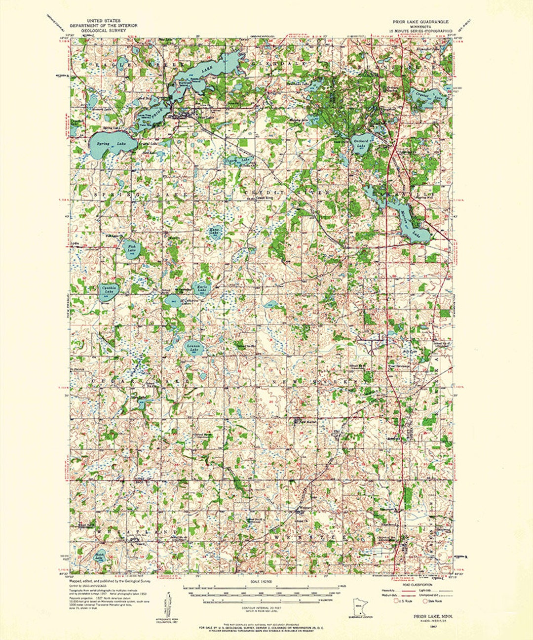 1957 Topo Map of Prior Lake Minnesota Maple Glen Spring Lake - Etsy