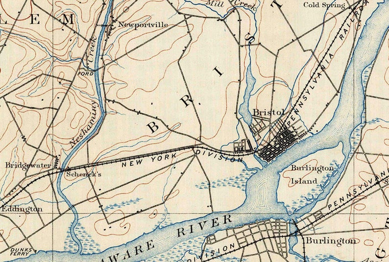 1890 Topo Map of Burlington PA Quadrangle Bucks County - Etsy