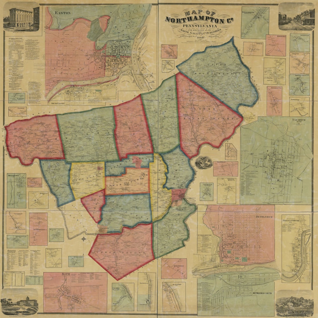 1860 Map of Northampton County Pa From Actual Surveys Easton Nazareth ...