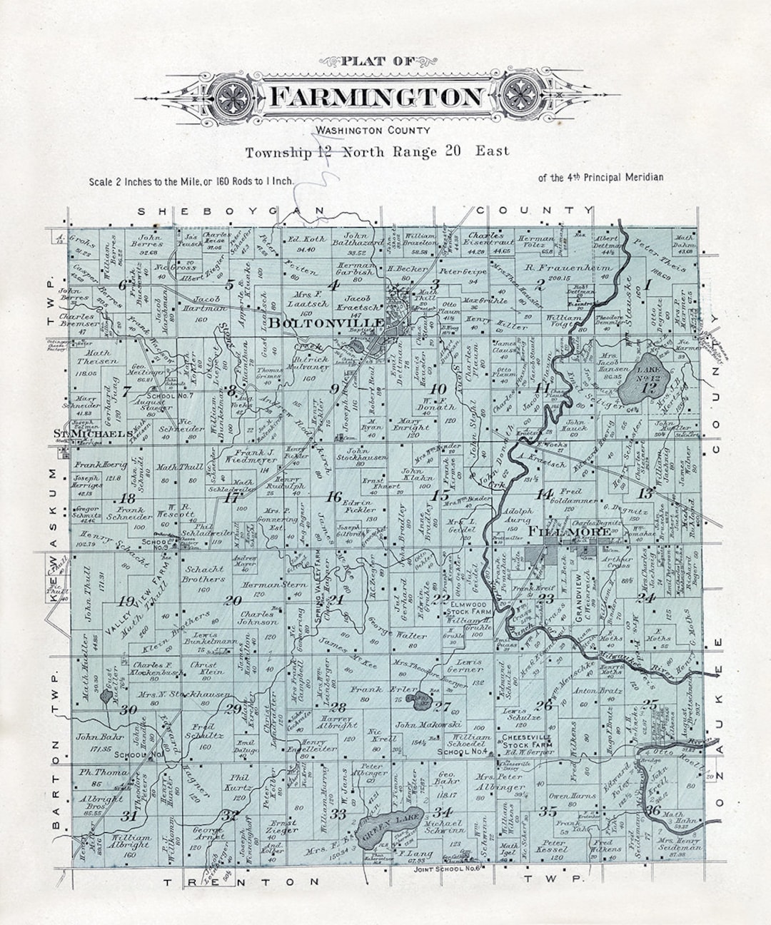 1915 Map of Farmington Township Washington County Wisconsin - Etsy