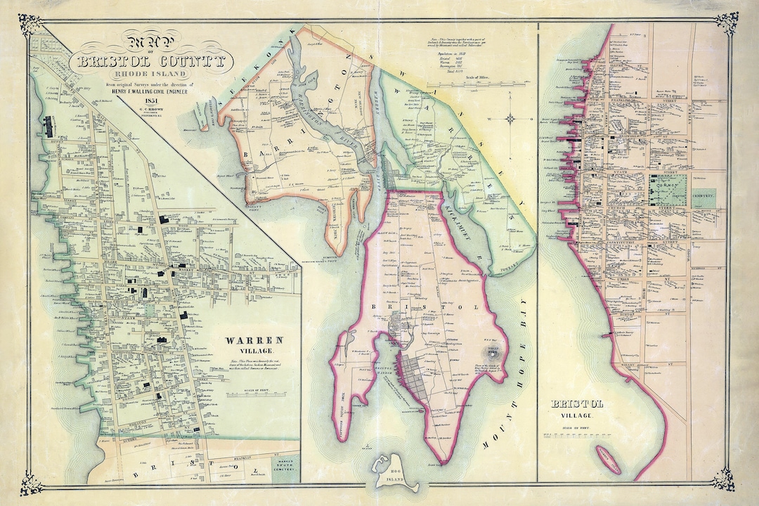 1851 Map of Bristol County Rhode Island - Etsy