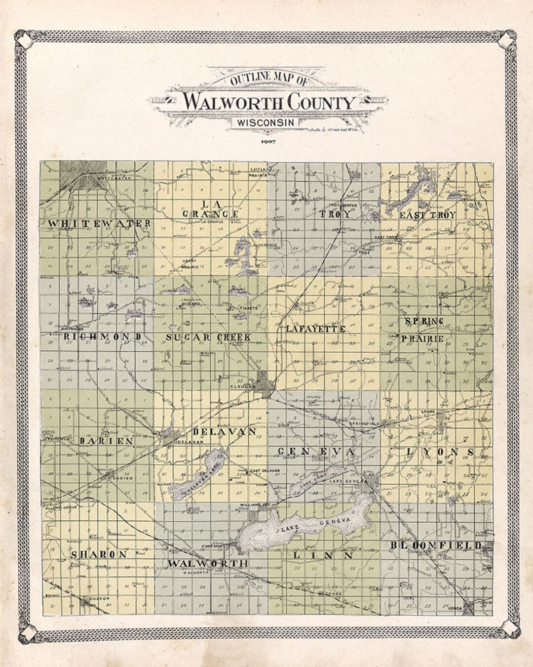 1907 Map of Walworth County Wisconsin - Etsy