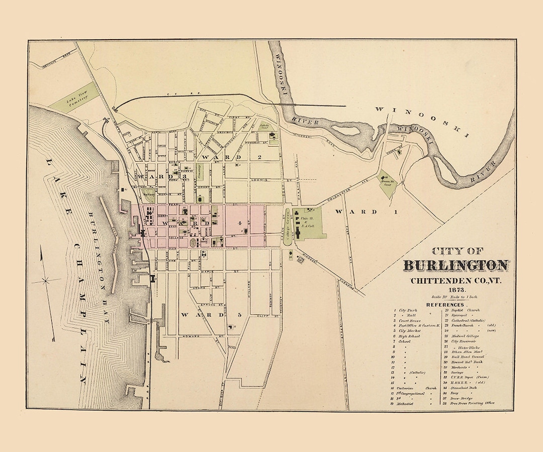 1876 Town Map of Burlington Vermont - Etsy