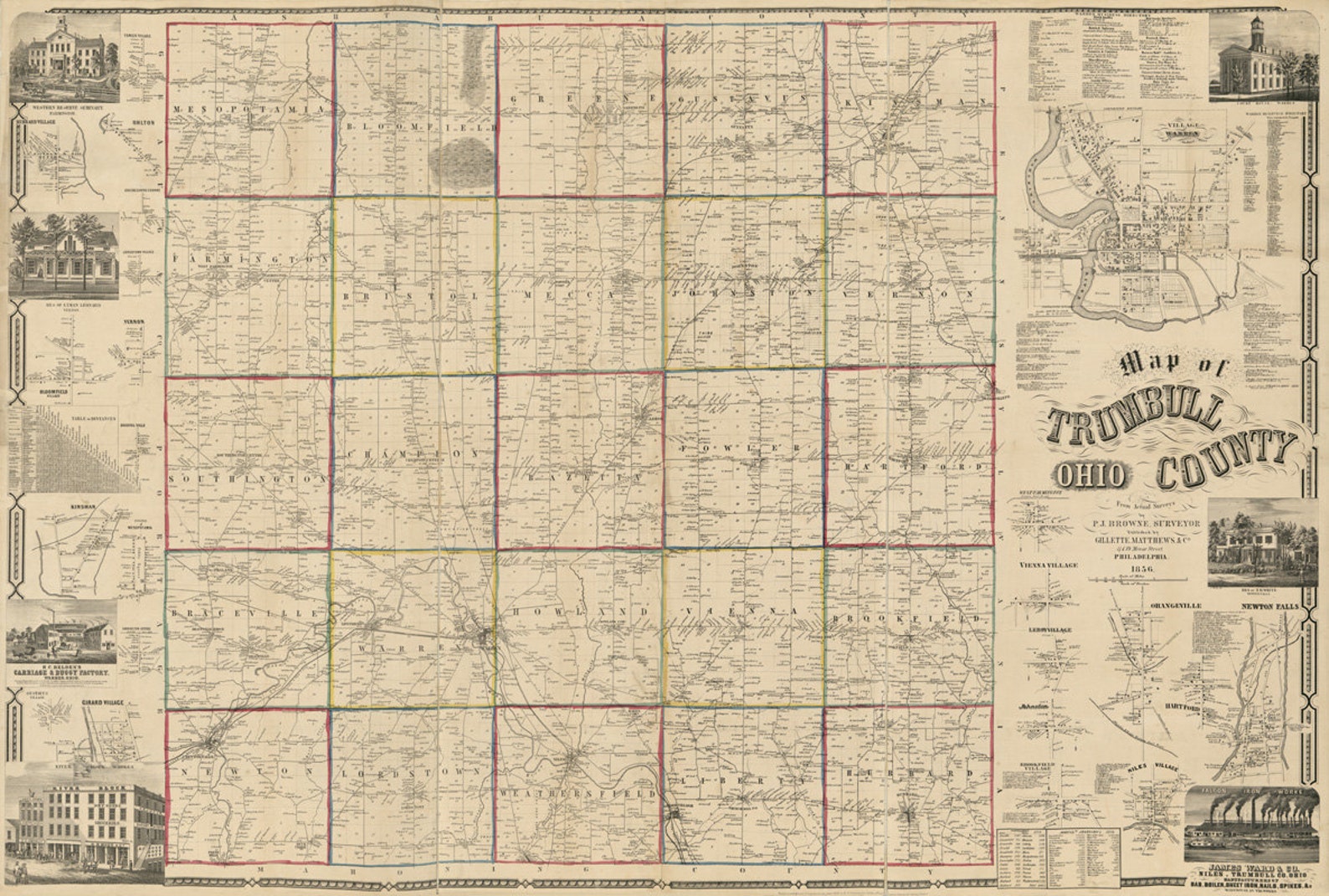 1856 Farm Line Map of Trumbull County Ohio Warren Farm Names - Etsy