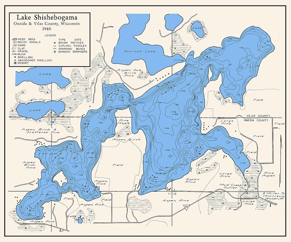 1940 Map of Shishebogama Lake Oneida and Vilas County - Etsy