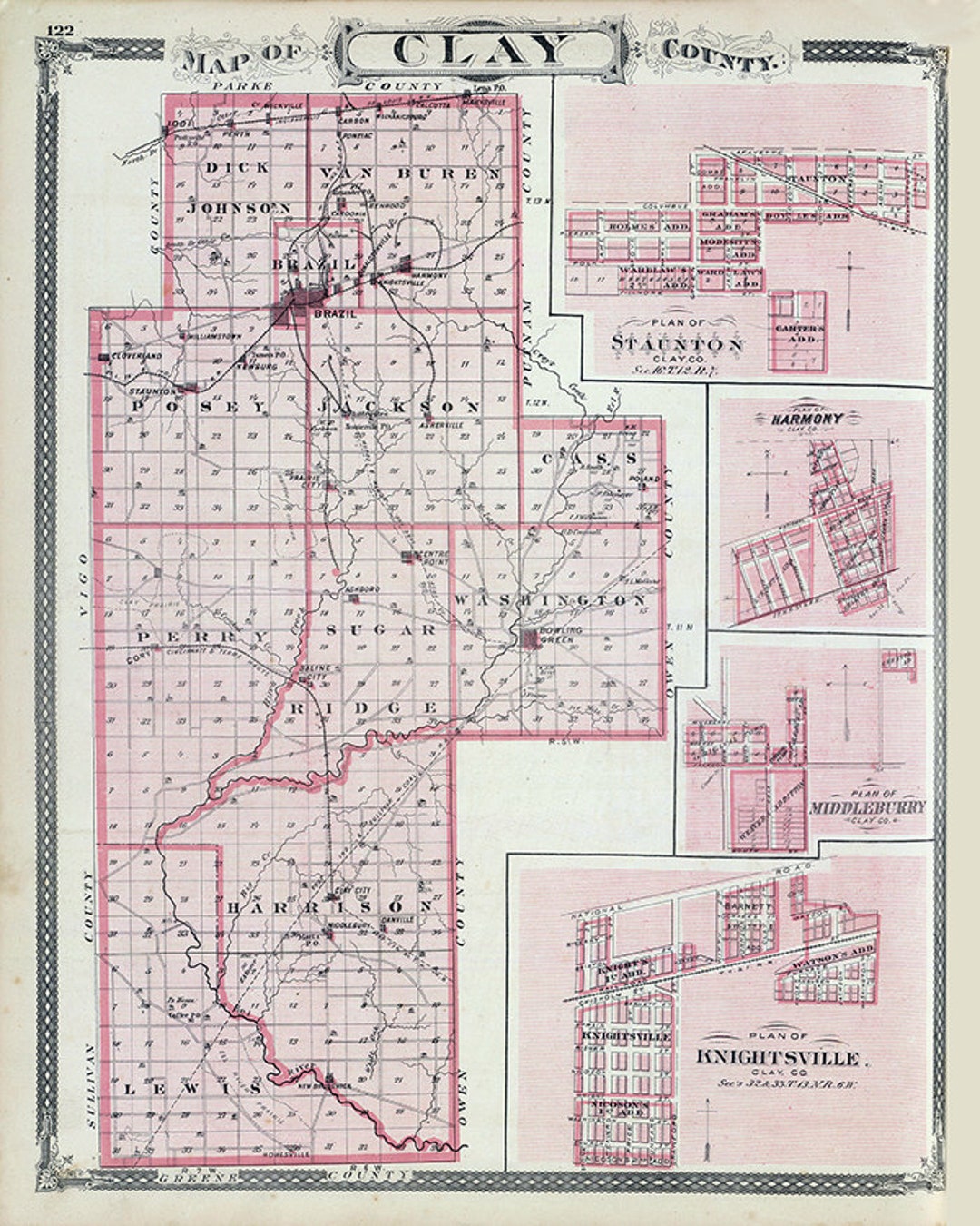 1876 Map of Clay County Indiana Staunton Brazil - Etsy