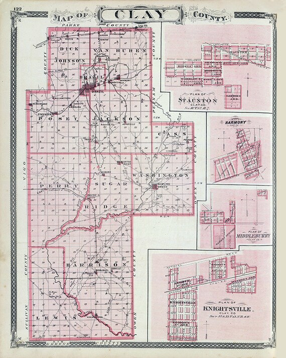 1876 Map of Clay County Indiana Staunton Brazil | Etsy