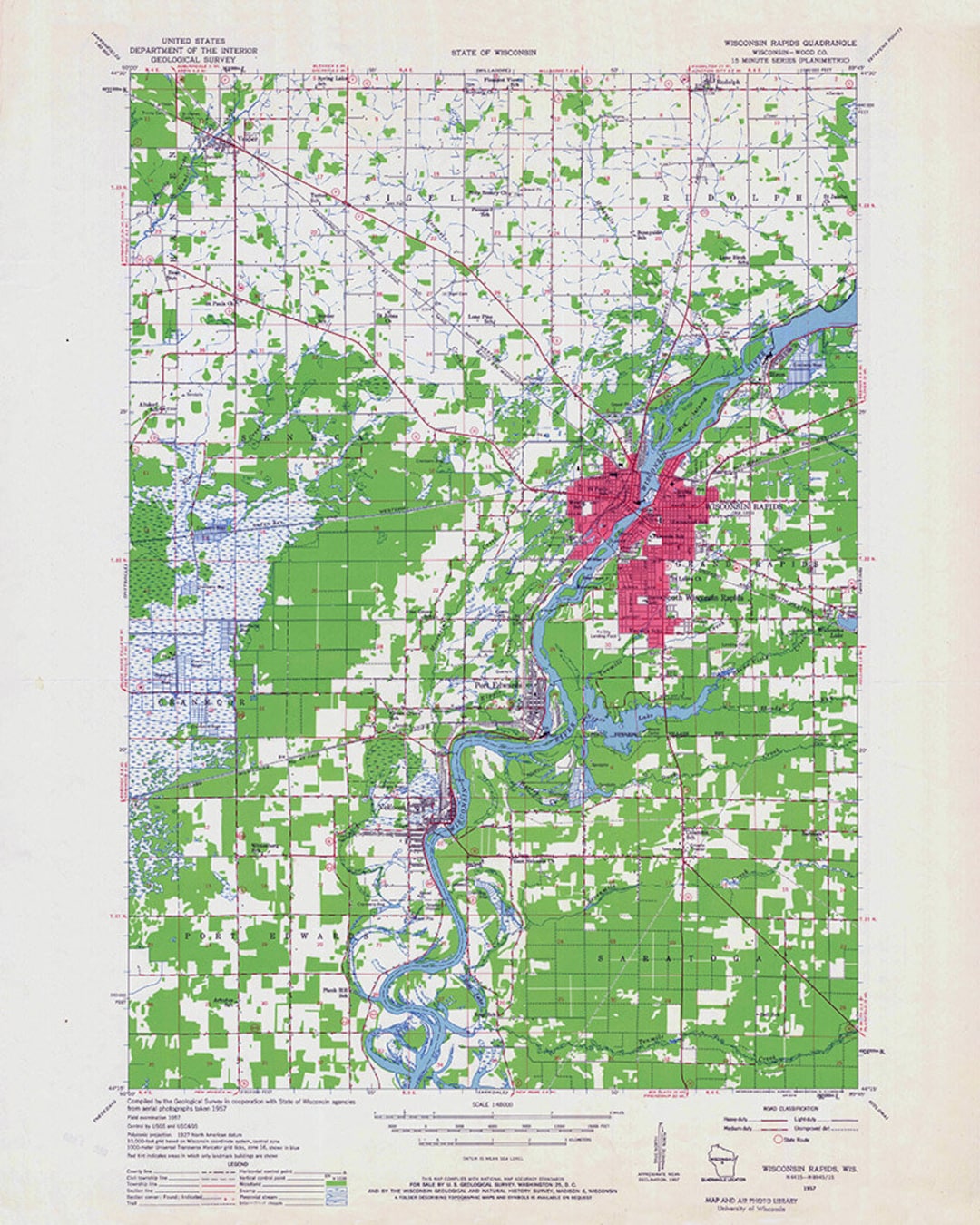 1957 Topo Map of Wisconsin Rapids Quadrangle Wisconsin - Etsy