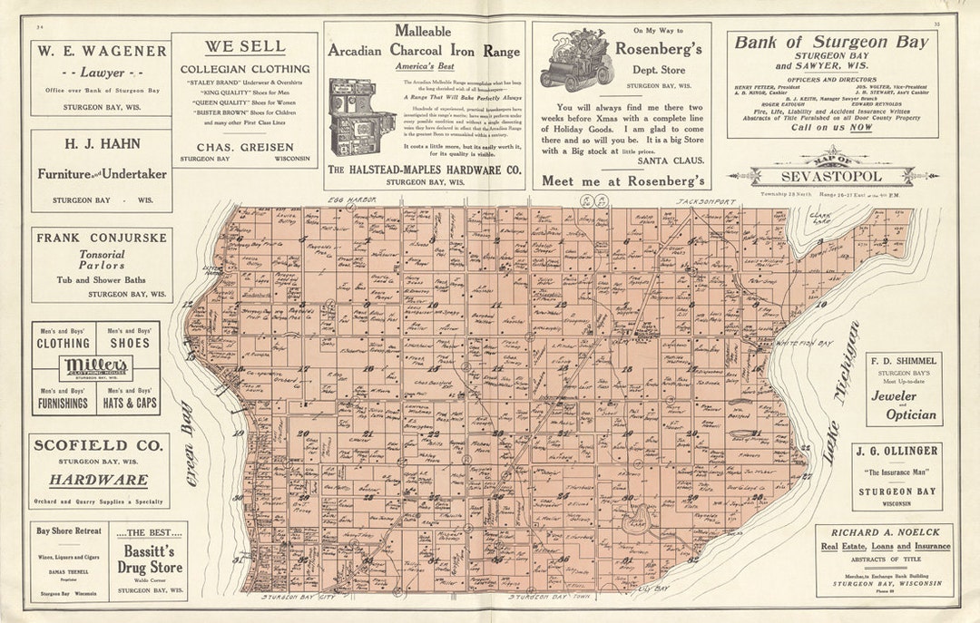 1914 Map of Sevastopol Township Door County Wisconsin - Etsy