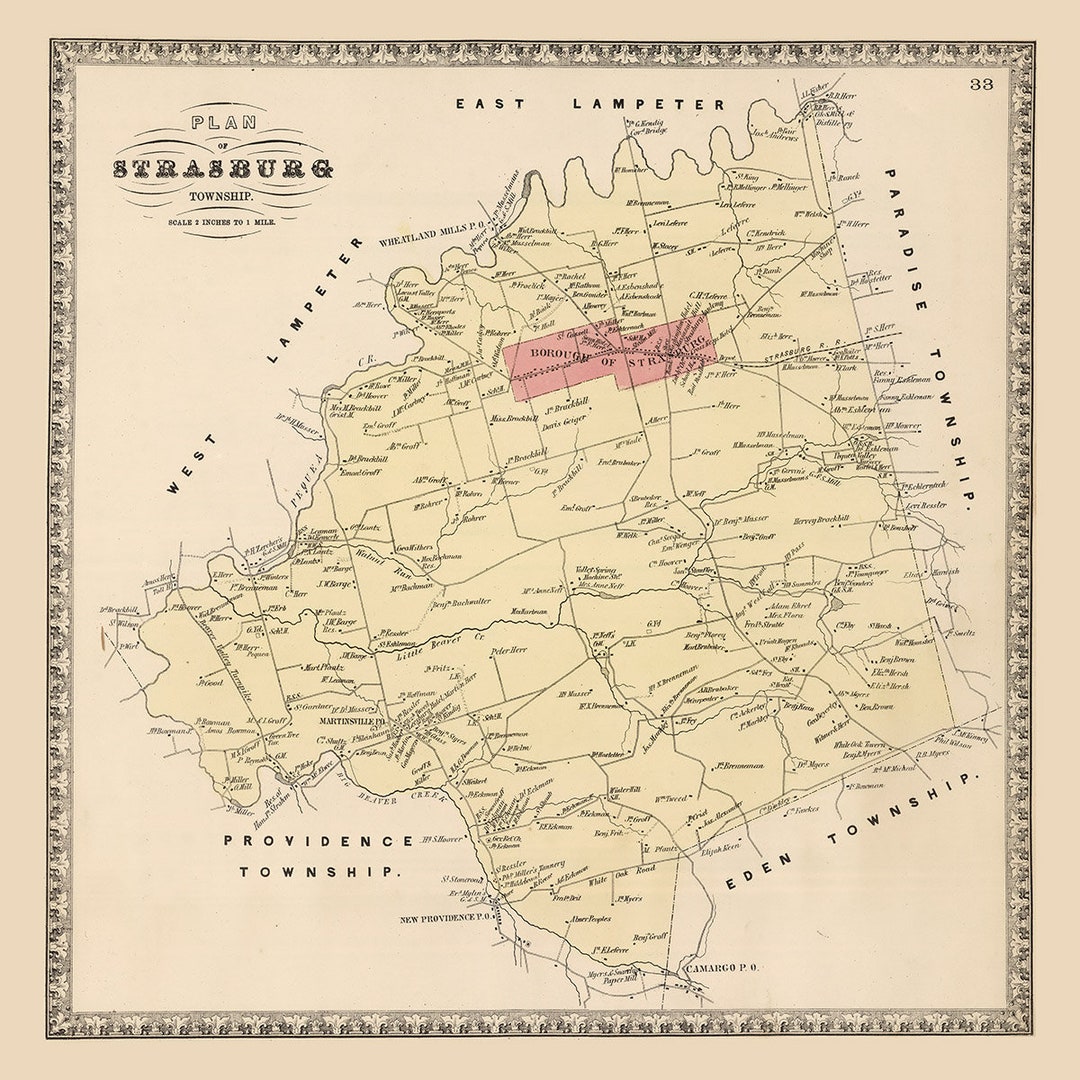 1864 Map of Strasburg Township Lancaster County Pennsylvania - Etsy