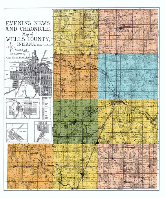1905 Farm Line Map of Wells County Indiana - Etsy