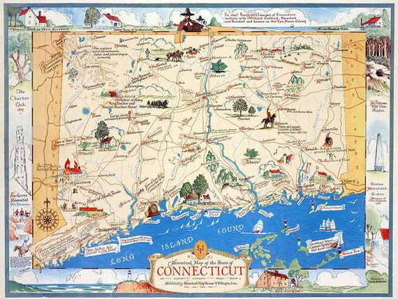 1930 Cartoon Map of the State of Connecticut | Etsy