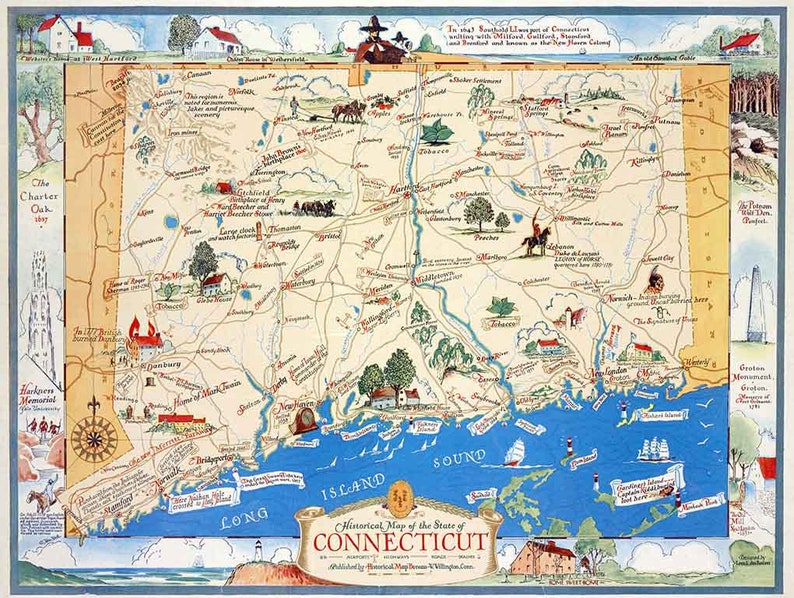 1930 Cartoon Map of the State of Connecticut - Etsy