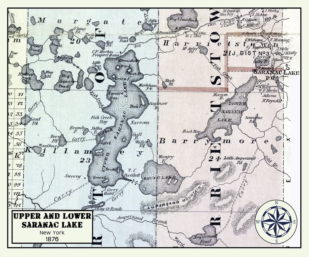 1876 Map of Upper and Lower Saranac Lake New York - Etsy