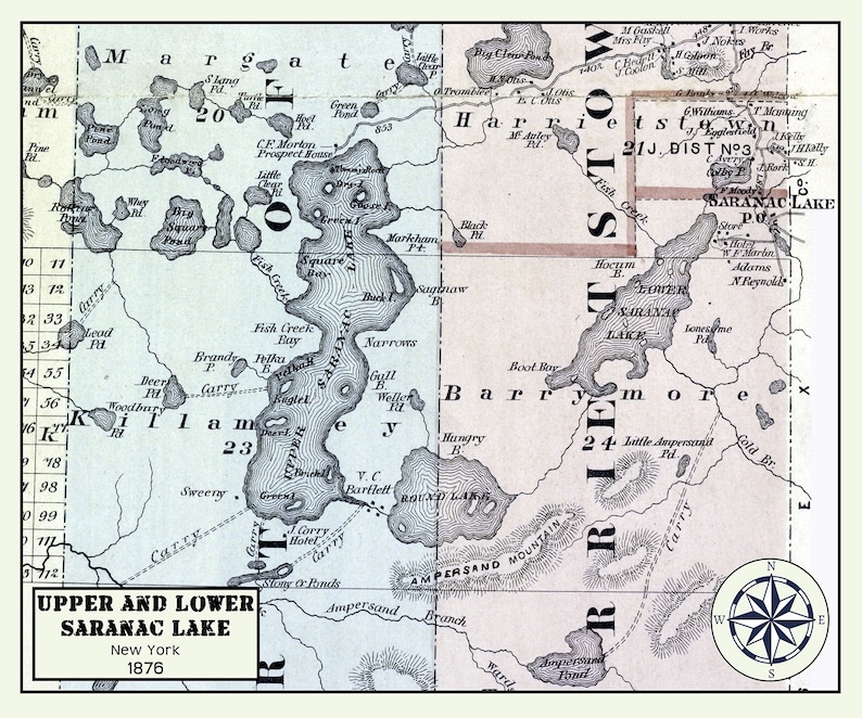 1876 Map of Upper and Lower Saranac Lake New York - Etsy