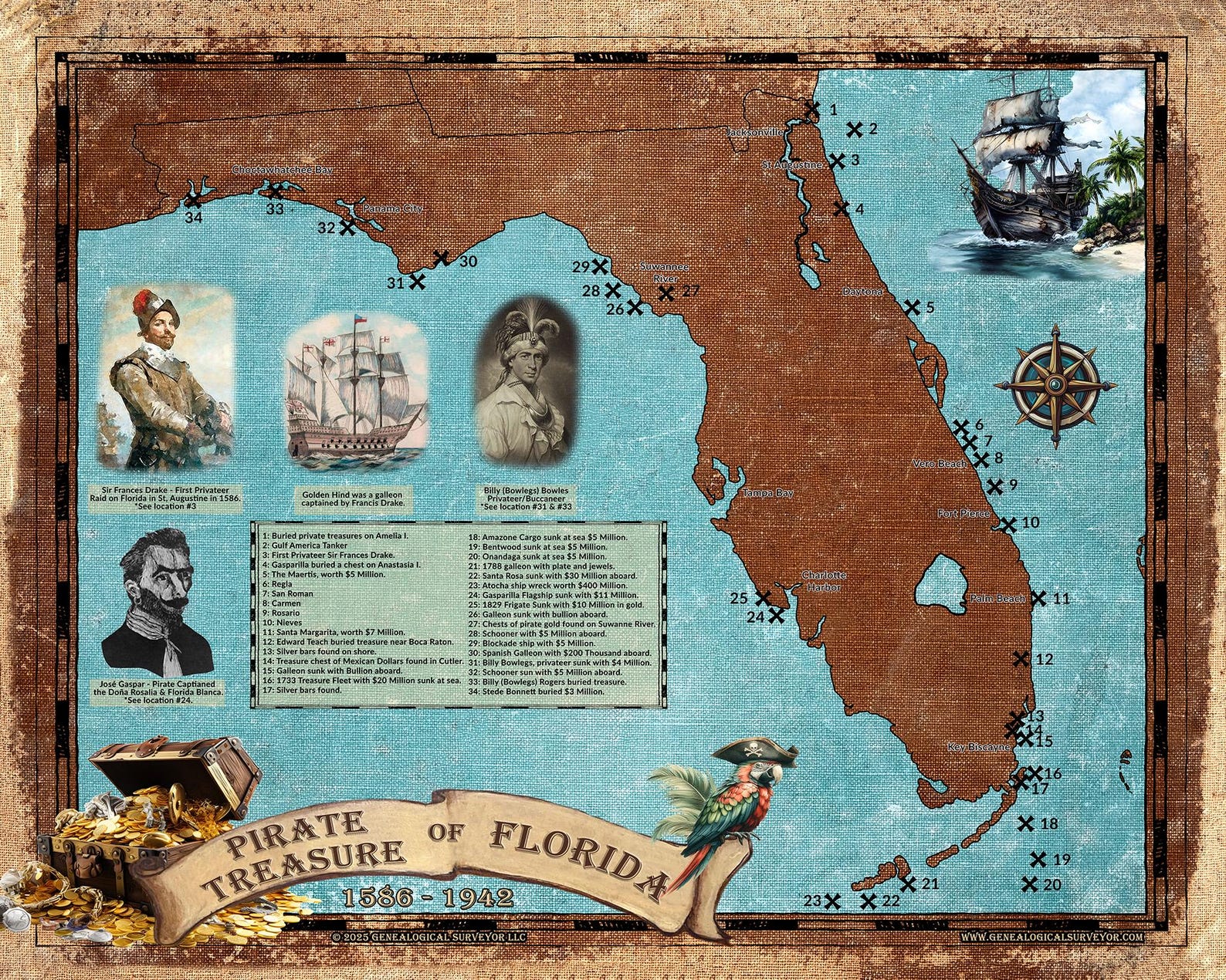 Pirate Treasure Map of Florida - Etsy